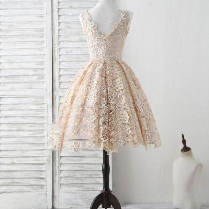 Champagne V Neck Lace Short Prom Dress Champagne Bridesmaid Dress on Luulla