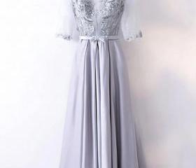 A-line Gorgeous Silver Satin Long Party Dress V-neck With Sleeves on Luulla