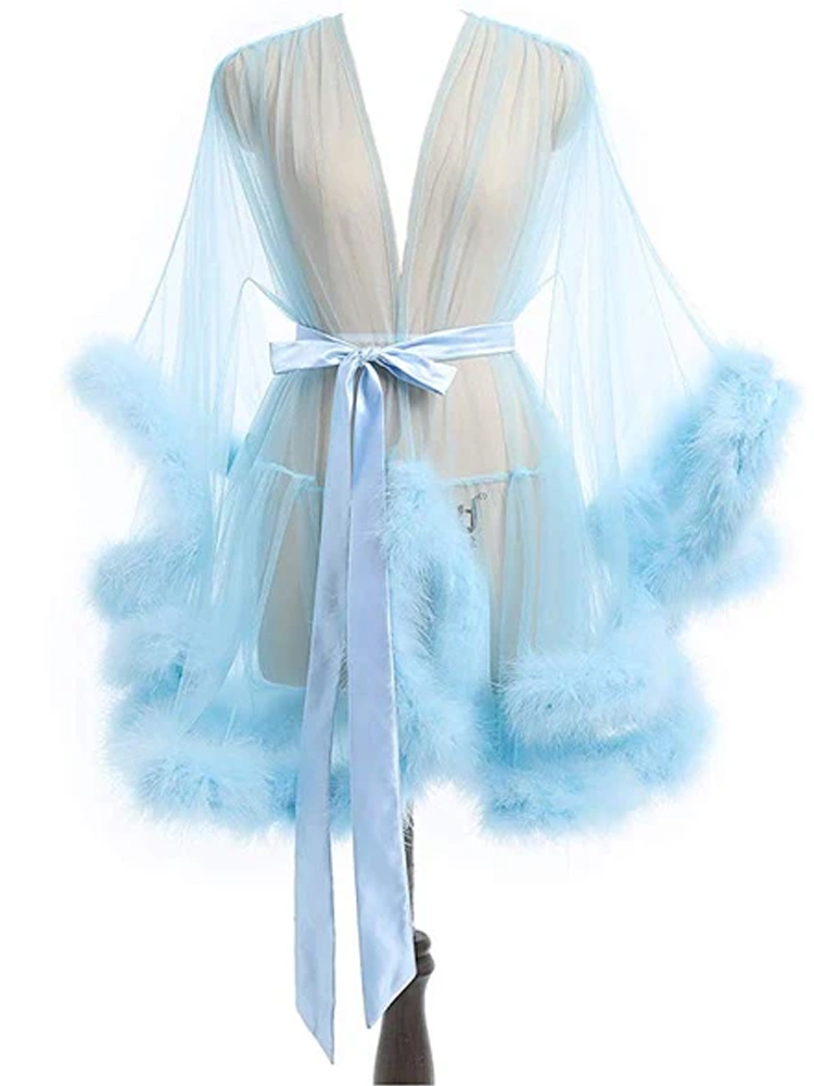 Short Sky Blue Marabou Fur Edge Robe on Luulla