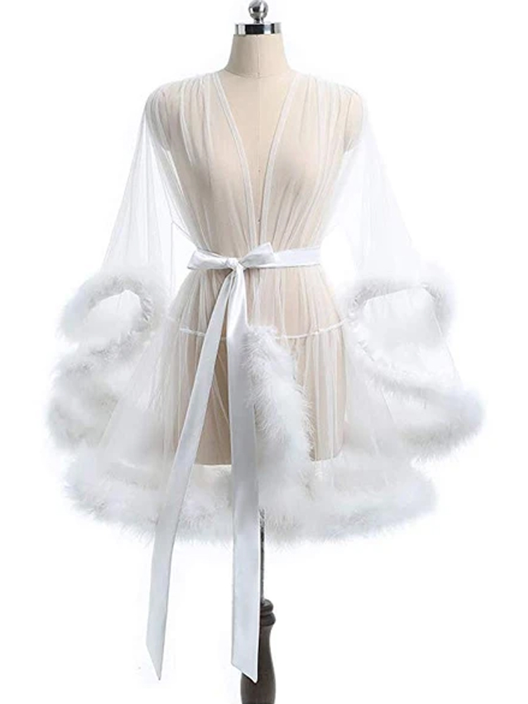 Short Ivory Marabou Fur Edge Robe on Luulla