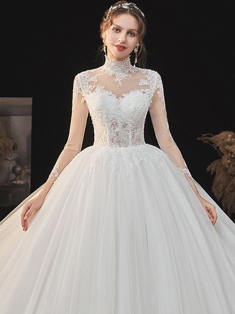 Illusion Ivory See-through Lace Flower Wedding Dresses on Luulla