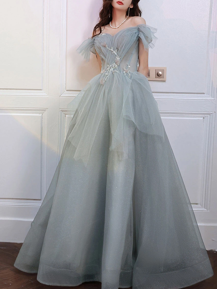 Gray Blue Sweetheart Neck Tulle Long Prom Dress Gray Evening Dress on ...