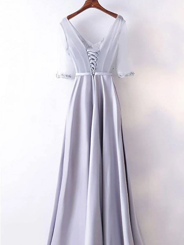 A-line Gorgeous Silver Satin Long Party Dress V-neck With Sleeves on Luulla